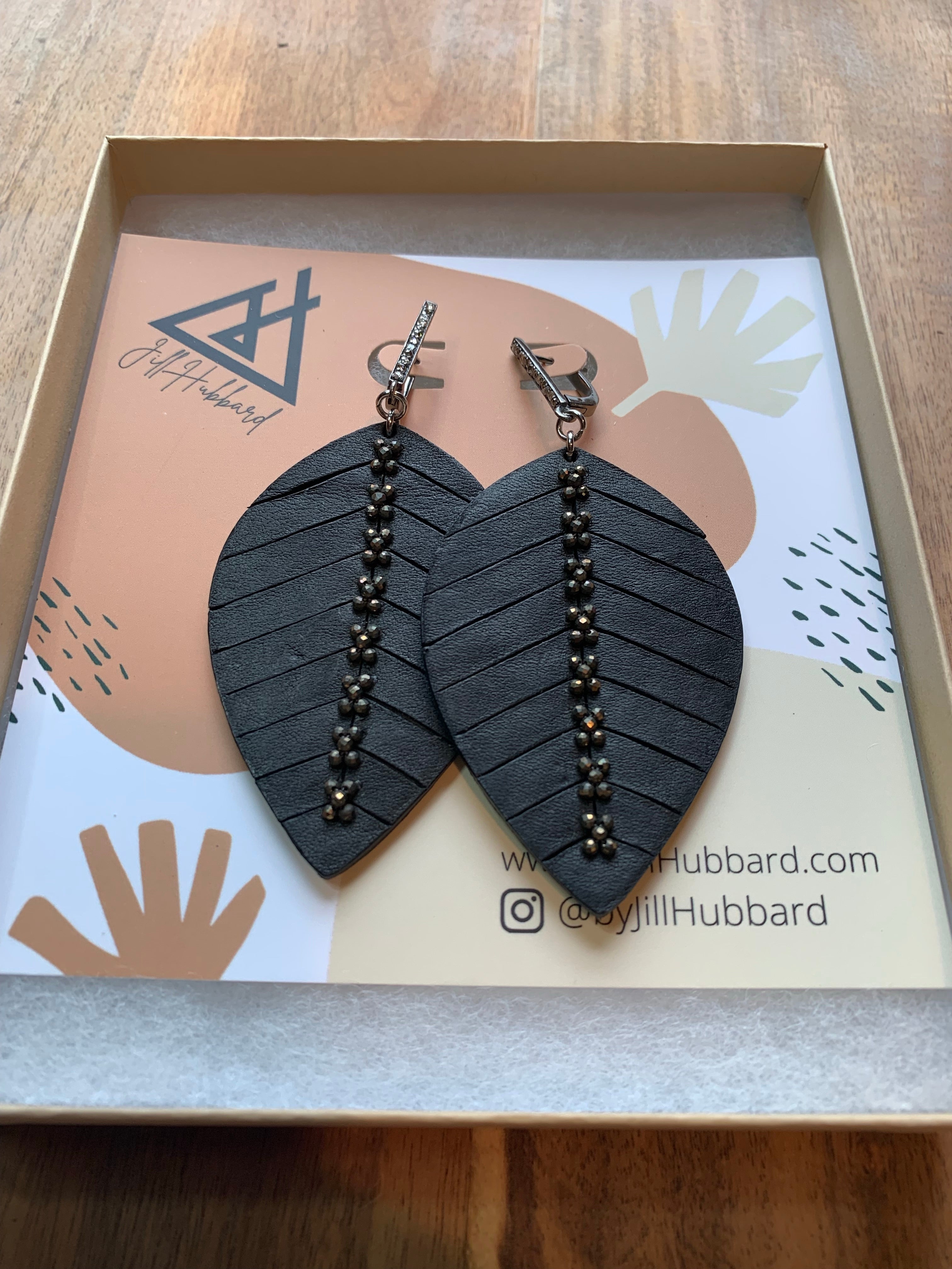 LEVELED-UP Leather Leaf and Pave Diamond Earrings – Jill Hubbard leather+jewelry