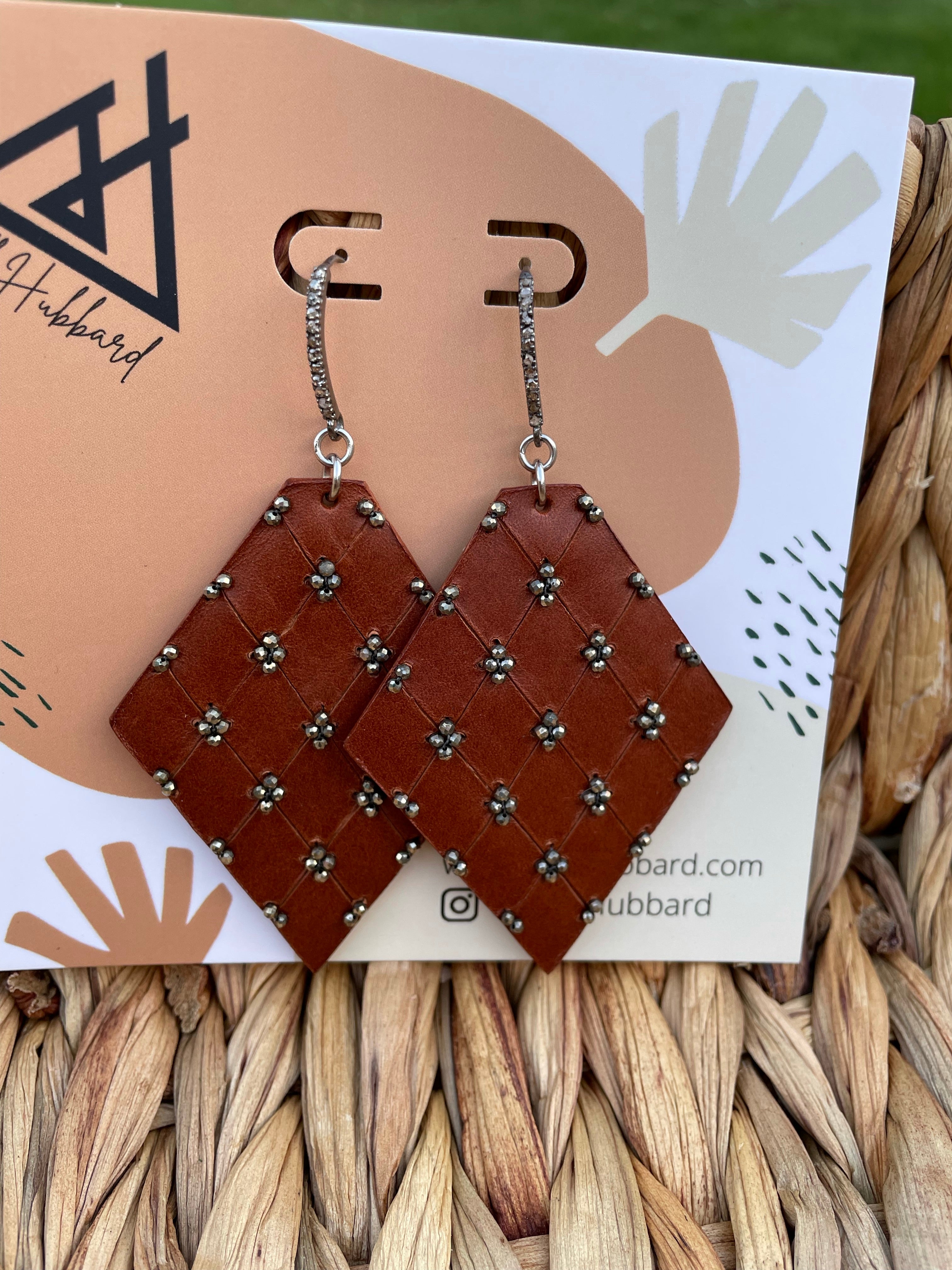 Large QUILTED leather earrings with genuine diamond ear hooks – Jill Hubbard leather+jewelry